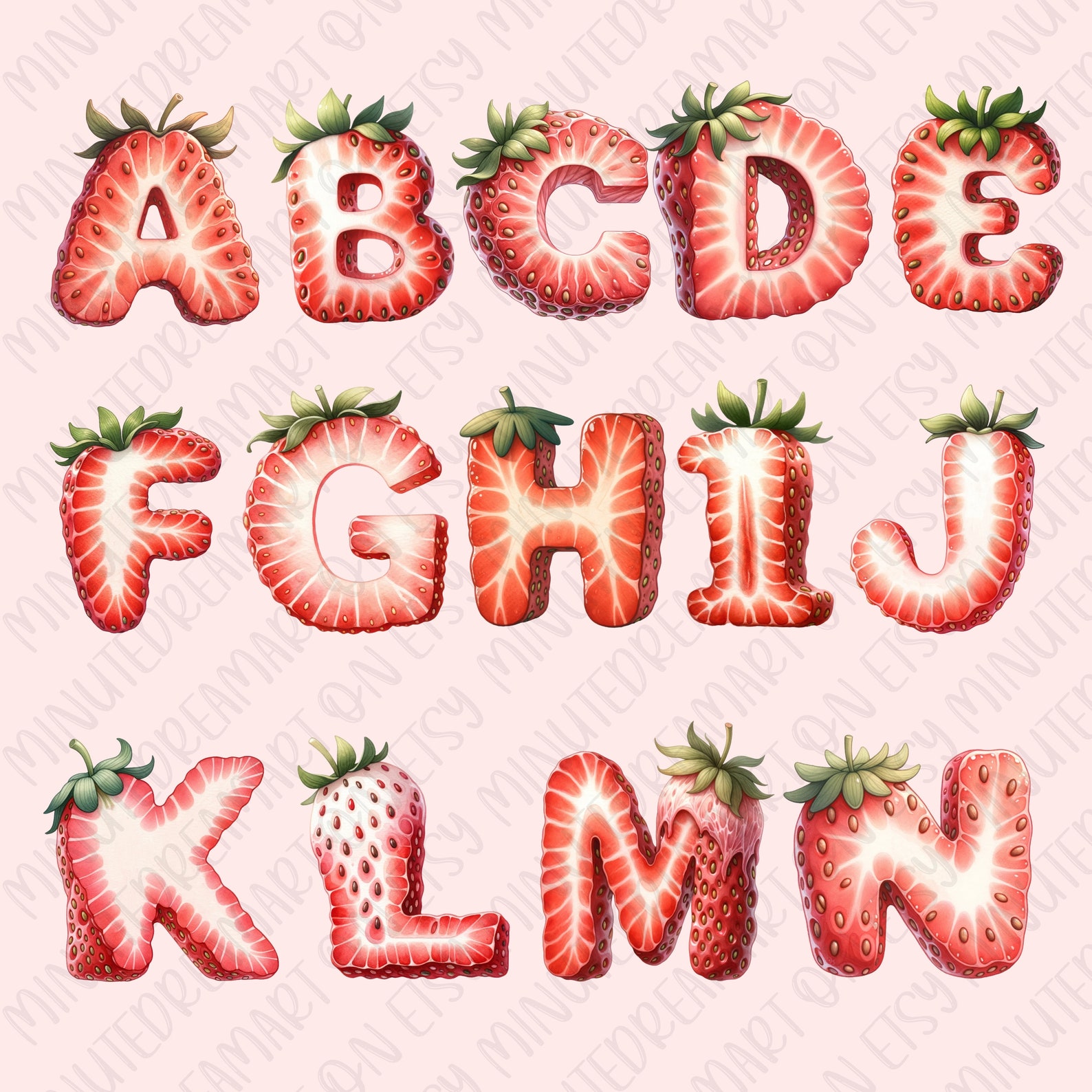 Strawberry Alphabet PNG: Watercolor Berry Letters & Numbers (digital ...