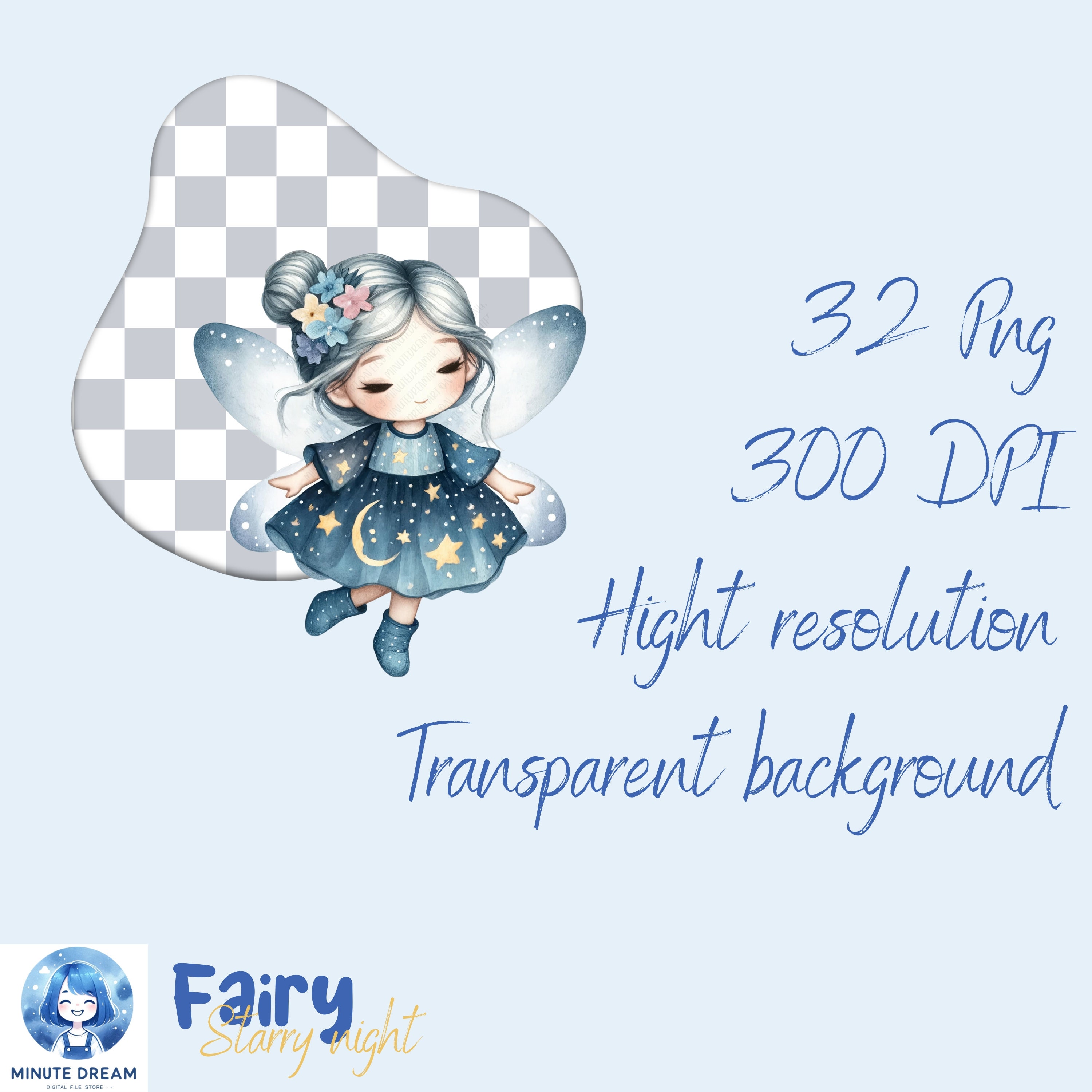 Cute Fairy Clipart, Starry Night PNG, Sleeping Girl Clipart, Watercolor ...