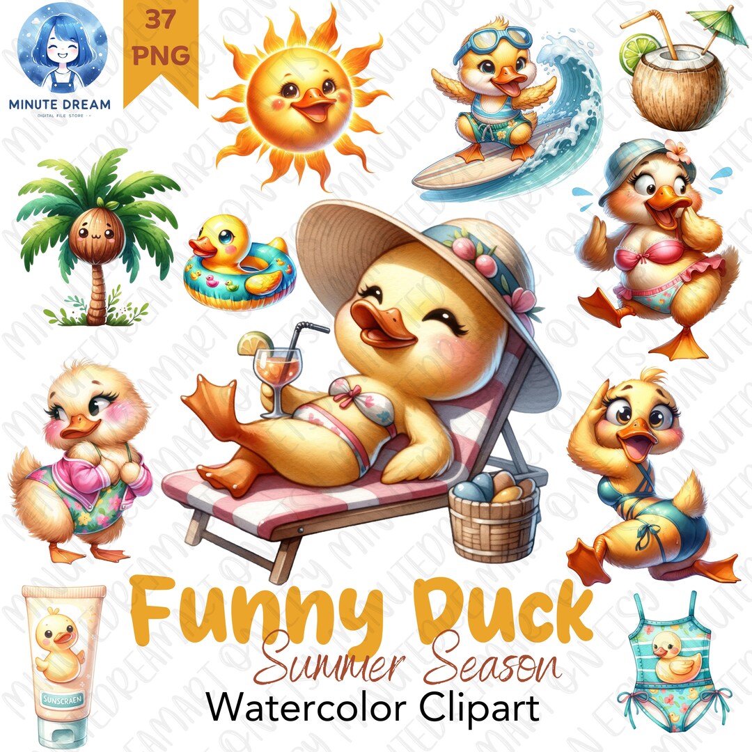 Funny Duck Clipart, Summer Season, Watercolor Sublimation, Beach ...