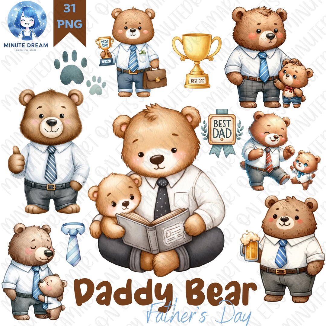 Daddy Bear Clipart, Father's Day, Watercolor Sublimation, Nursery, Dad ...