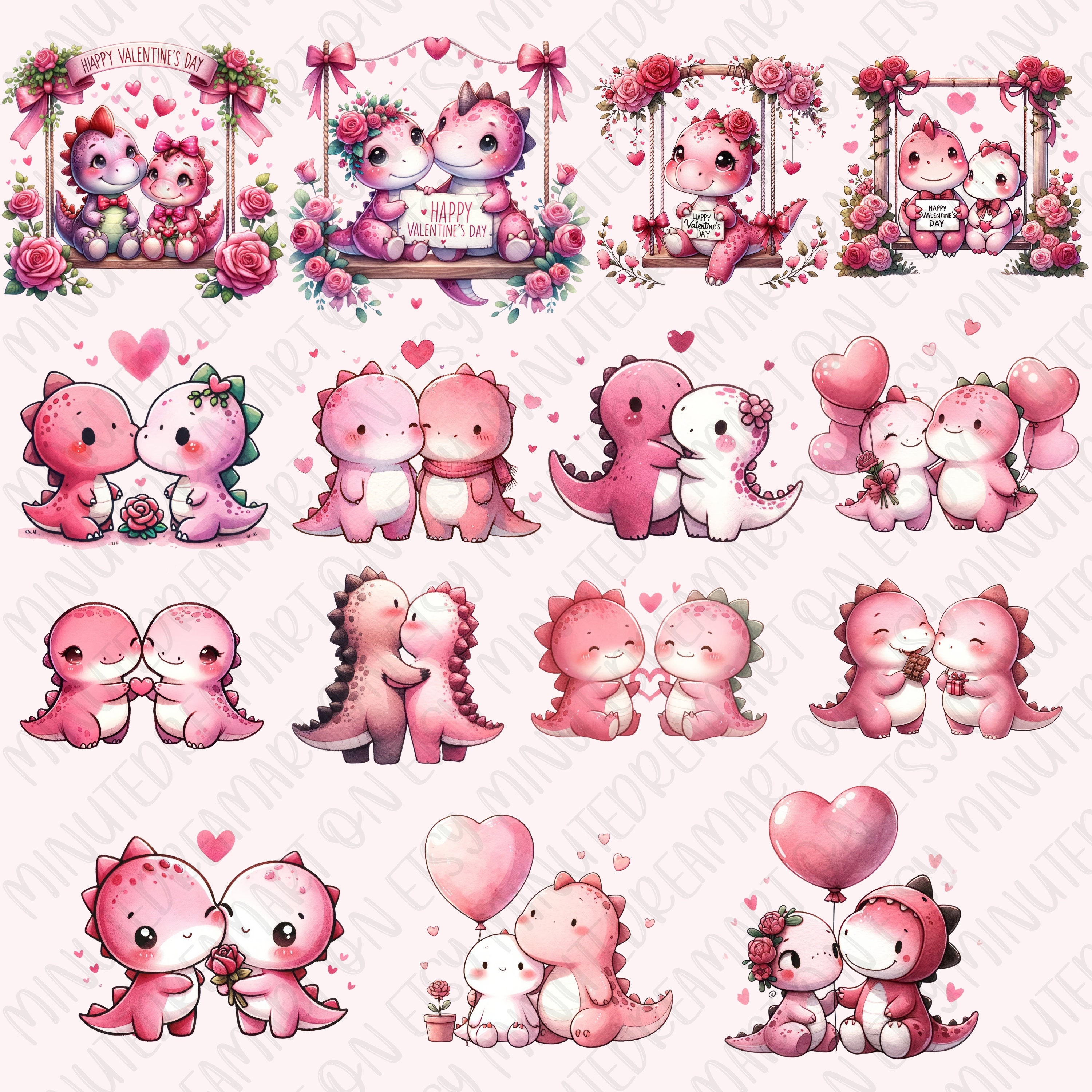 Cute Dinosaur Valentine Clipart, Valentine's Day, Watercolor ...