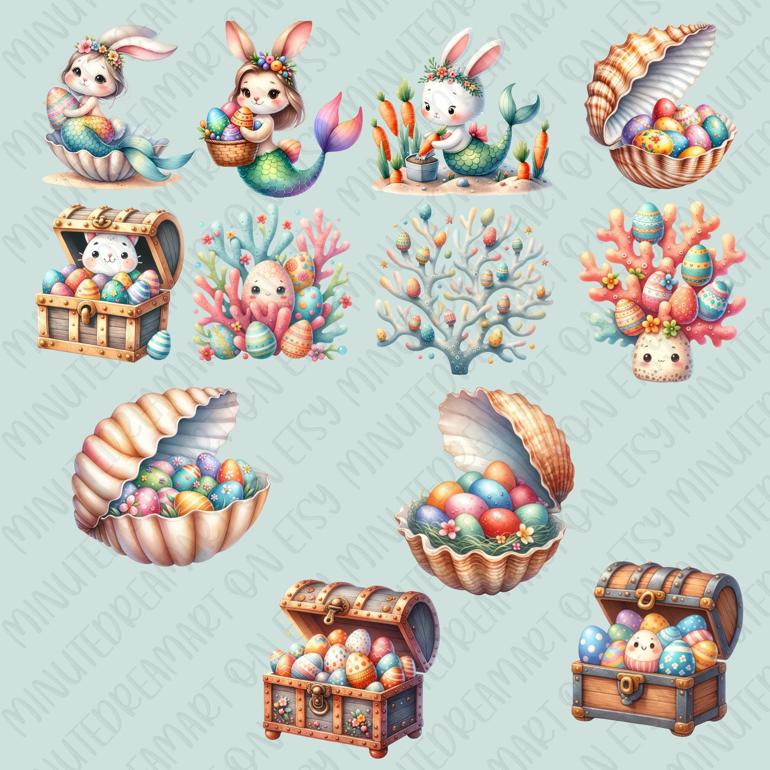 Bunny Mermaid Easter Clipart: Watercolor PNG (digital Download) - Etsy