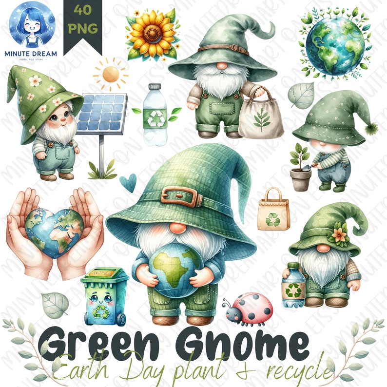 Green Gnome Clipart, Earth Day Clipart, Watercolor Sublimation, Plant ...