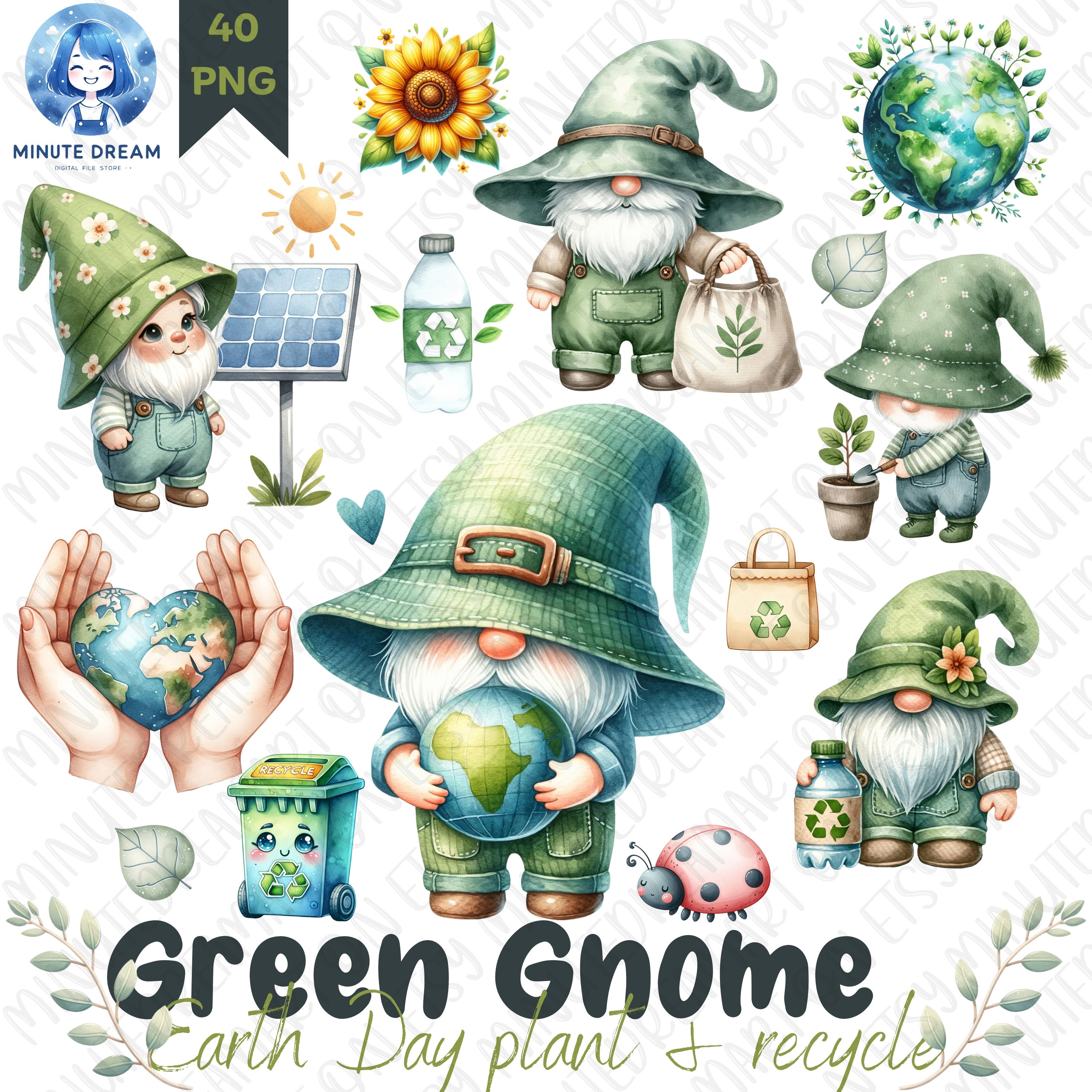 Green Gnome Clipart, Earth Day Clipart, Watercolor Sublimation, Plant ...