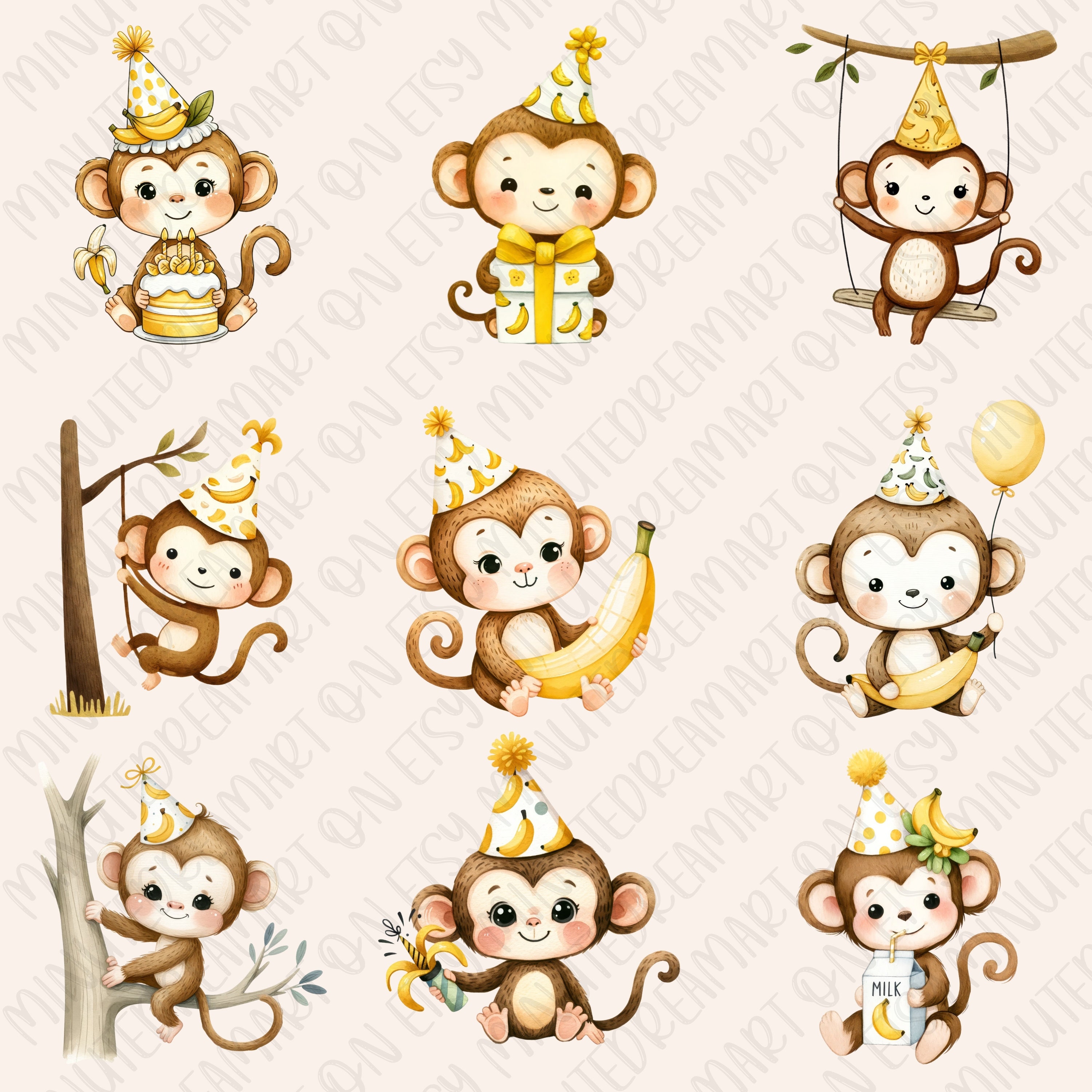 Cute Monkey Clipart, Baby Animal Png, Birthday Banana , Watercolor ...