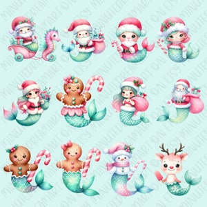 Santa Mermaid Clipart: Christmas in July PNG, Watercolor Summer Designs ...