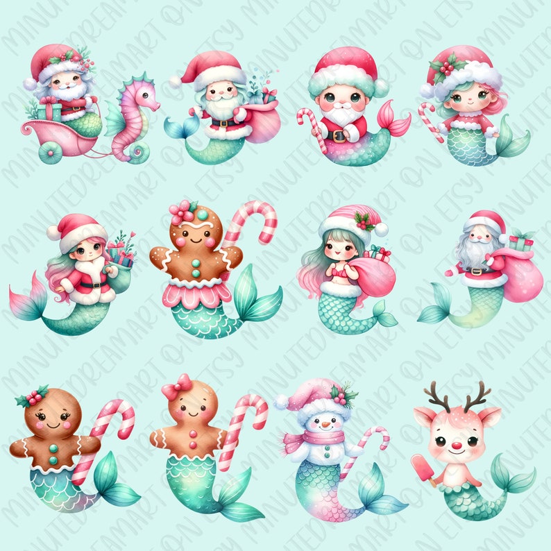 Santa Mermaid Clipart, Christmas in July PNG, Watercolor Sublimation ...