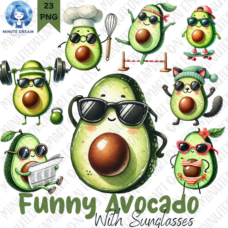 Funny Avocado Clipart, With Sunglasses, Gift for KID, Watercolor ...