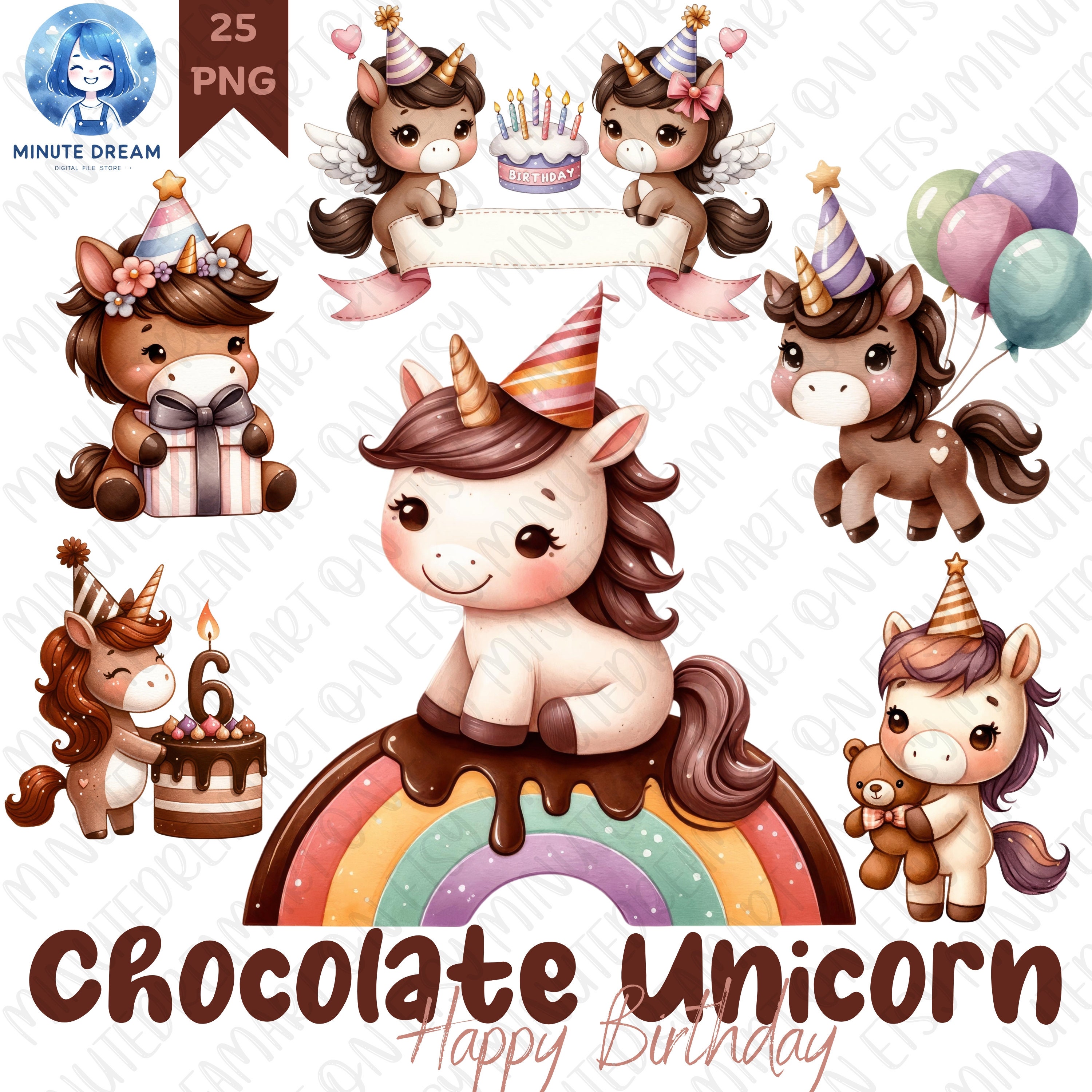 Chocolate Unicorn Birthday Clipart: Rainbow Party Designs (PNG) - Etsy