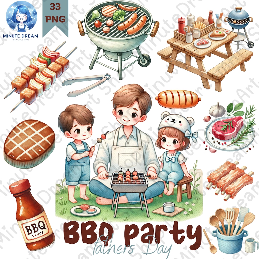 Father’s Day BBQ Party Clipart, Cute Family Grilling Png , Watercolor ...