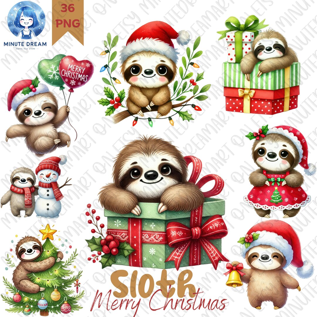 Cute Sloth Clipart, Watercolor Sublimation, Christmas Png, Baby Shower ...