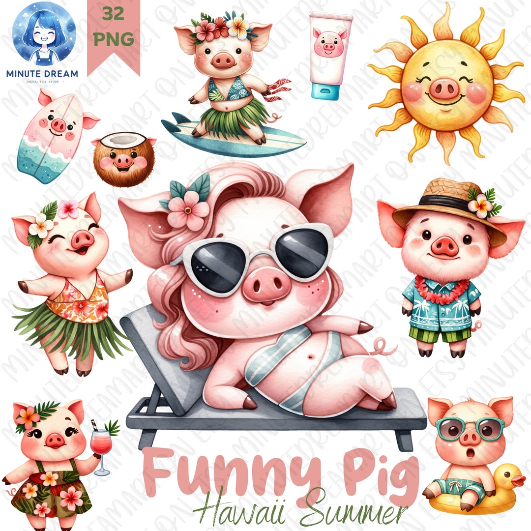 Funny Pig Clipart: Hawaiian Summer Watercolor PNG (32 Files) - Etsy