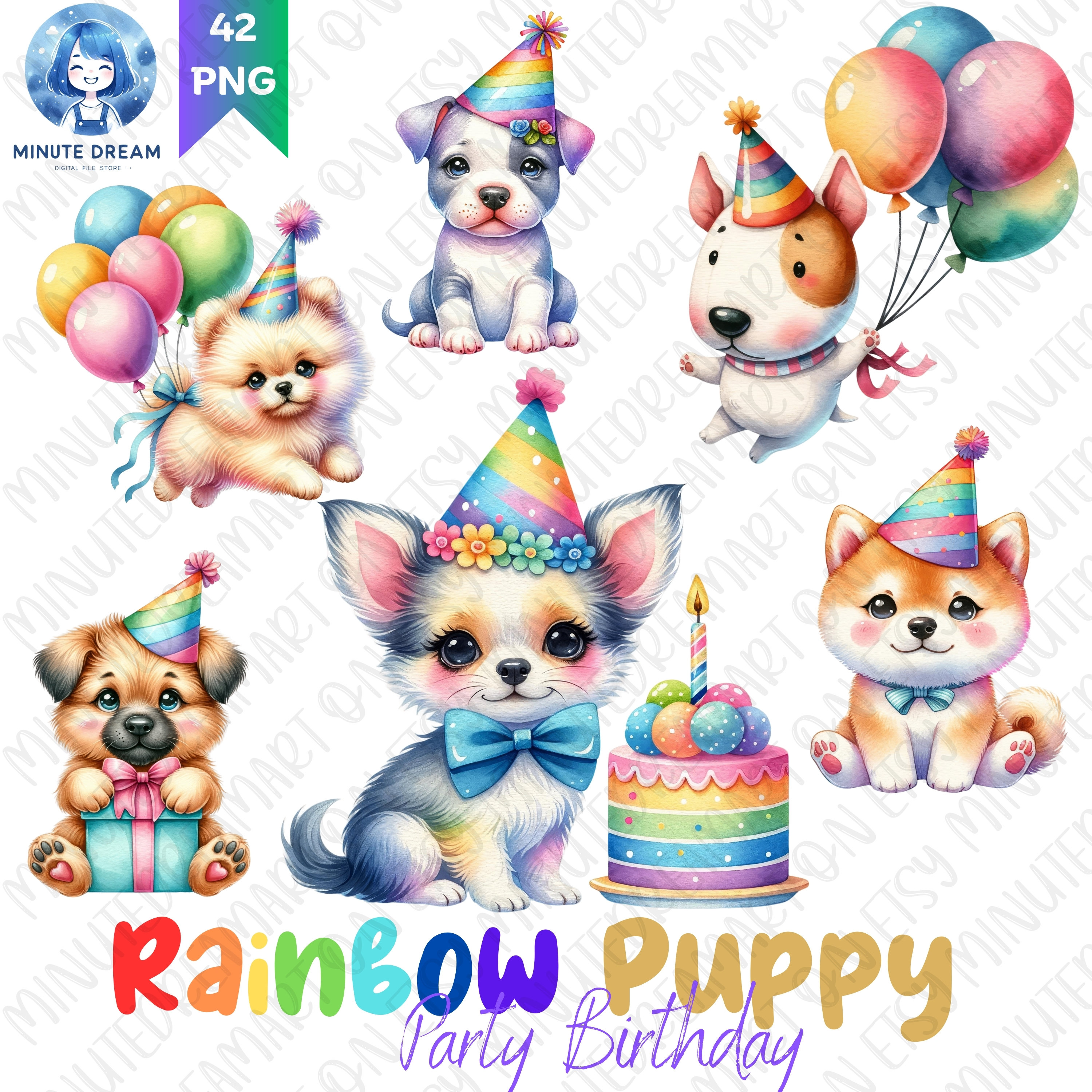 Cute Puppy Clipart, Rainbow Party Png, Gift for KID, Watercolor ...