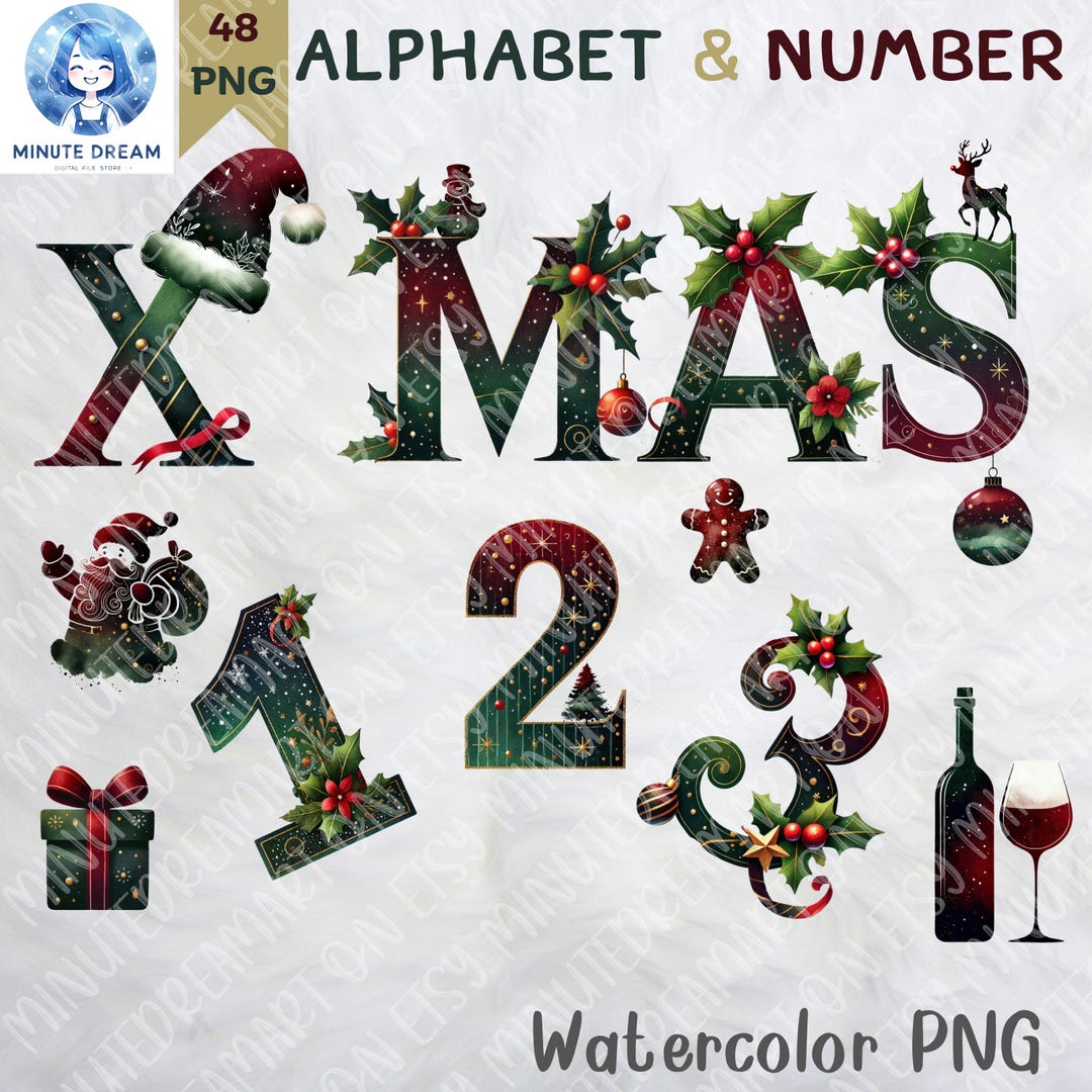 Watercolor Christmas Alphabet Clipart: Holiday Letters & Numbers (PNG ...