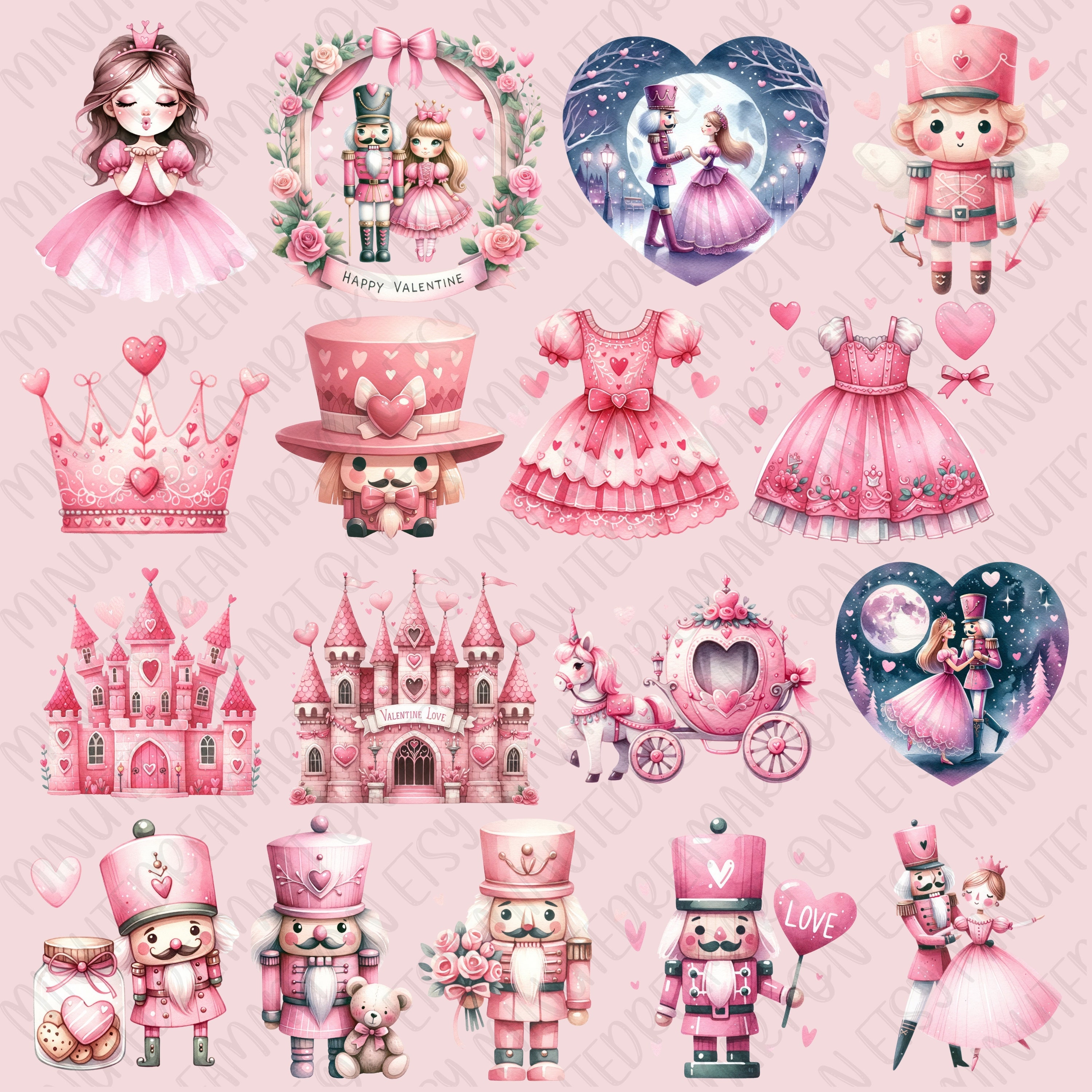 Nutcracker Valentine Clipart: Pink Princess PNG, Watercolor (digital ...