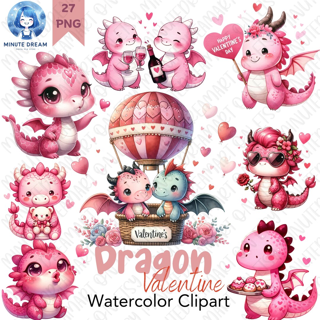 Cute Dragon Valentine Clipart, Valentine's Day, Watercolor Sublimation ...