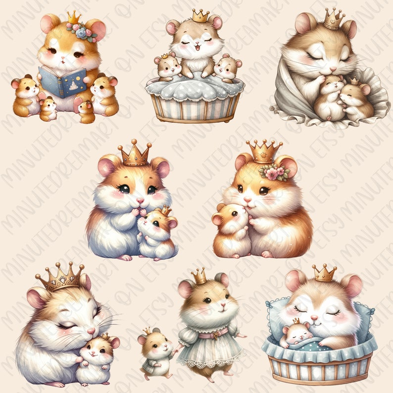 Queen Hamster Clipart: Mama and Baby Watercolor PNG (digital Download ...