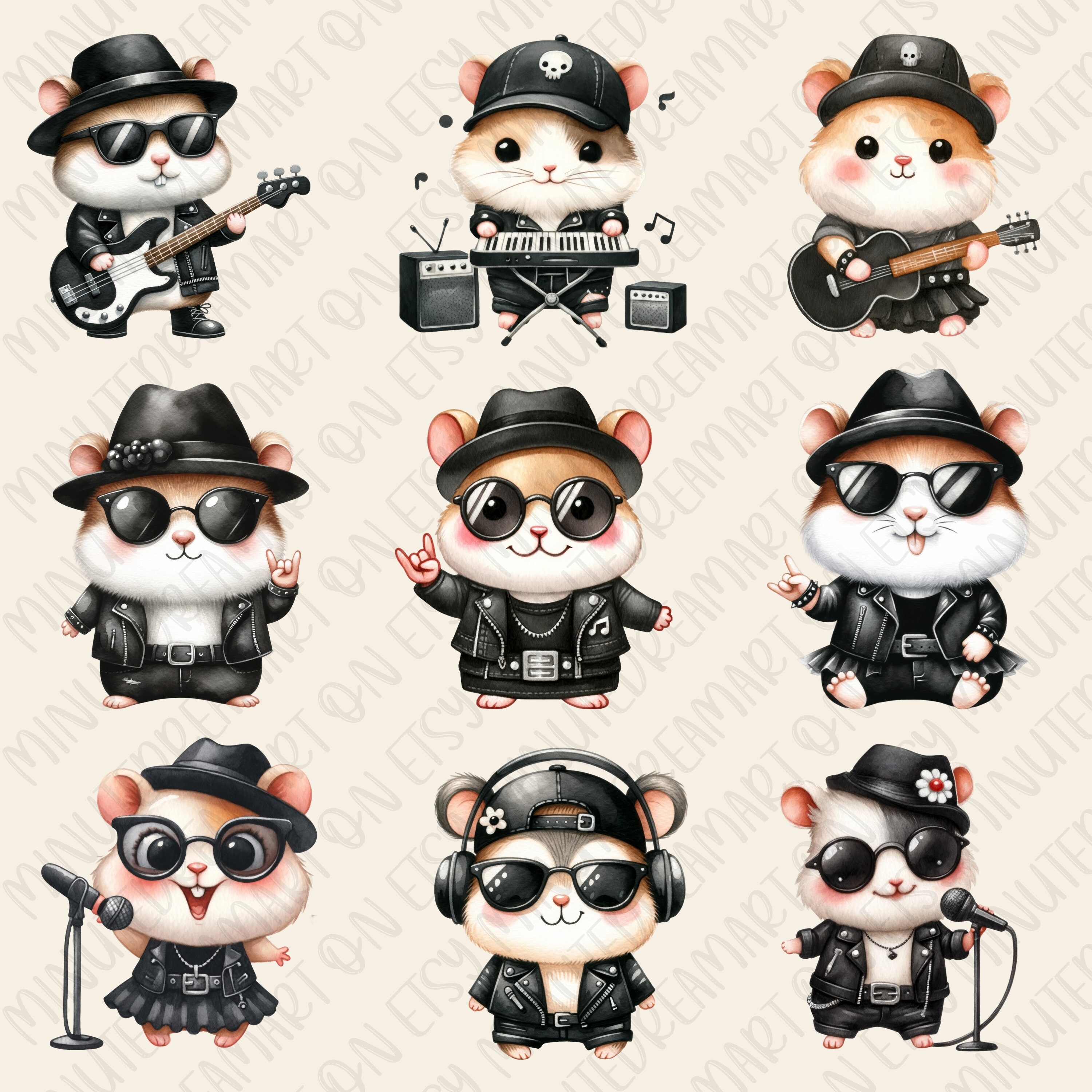 Cute Hamster Clipart, Rock Star, Watercolor Sublimation, Music Lover ...