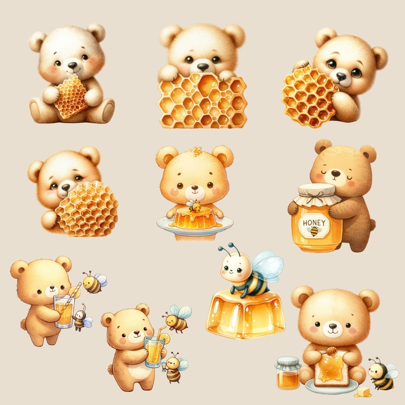 Watercolor Bear and Bee Clipart, Cute Teddy Bear Png, Digital Printing ...