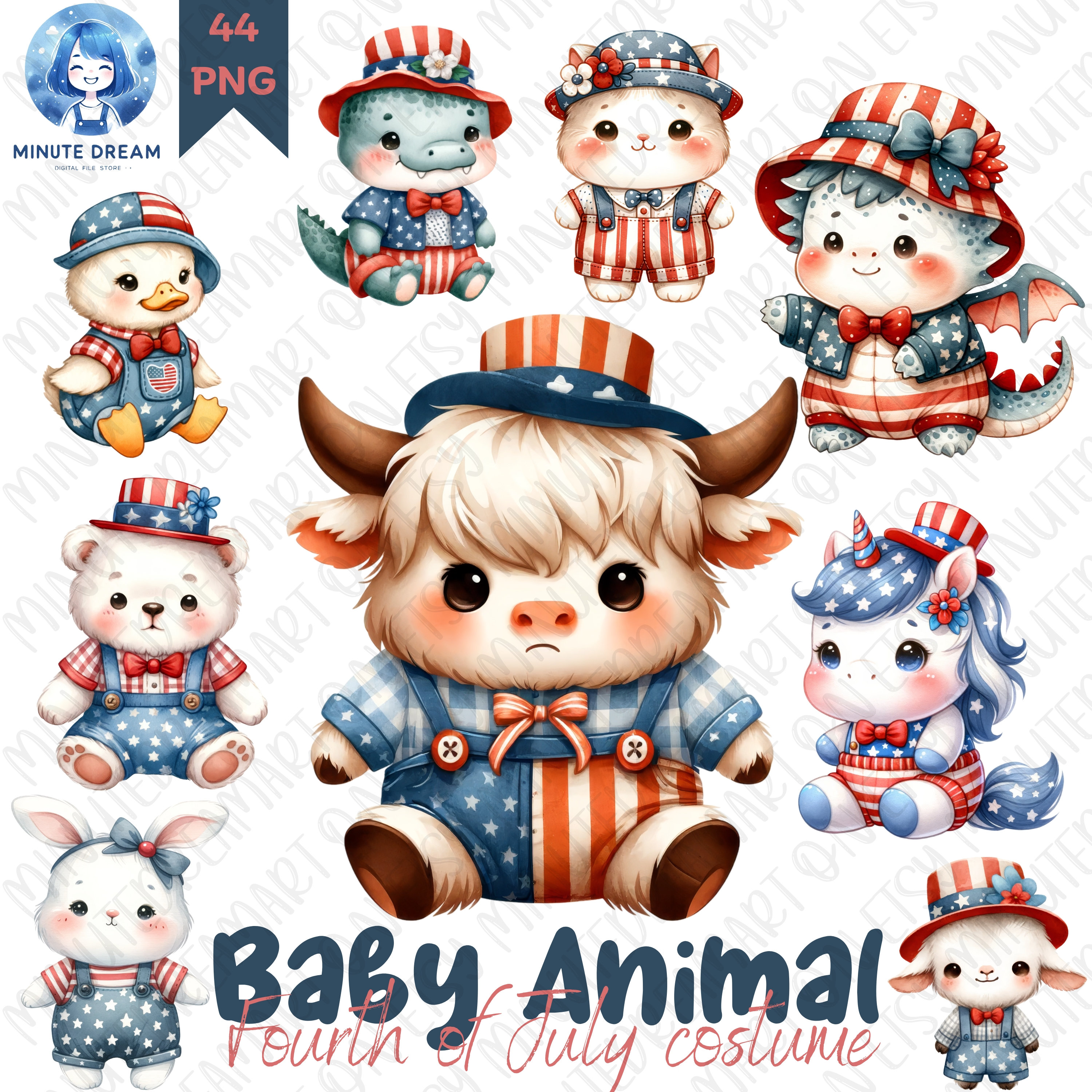 Watercolor 4th of July Animals Clipart: Patriotic PNG (digital Download ...