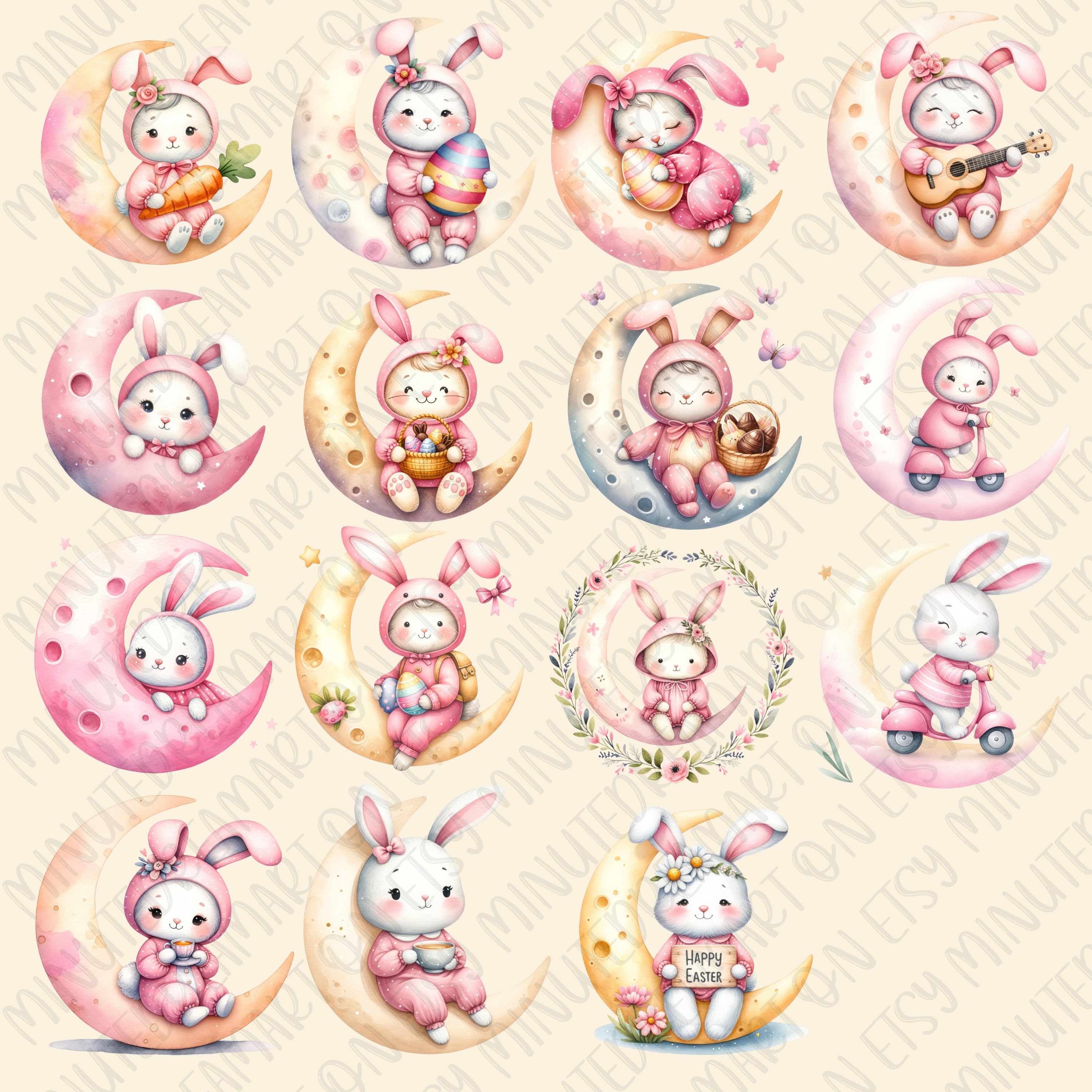 Bunny Moon Easter Clipart, Easter Egg Day, Watercolor Sublimation, Moon ...