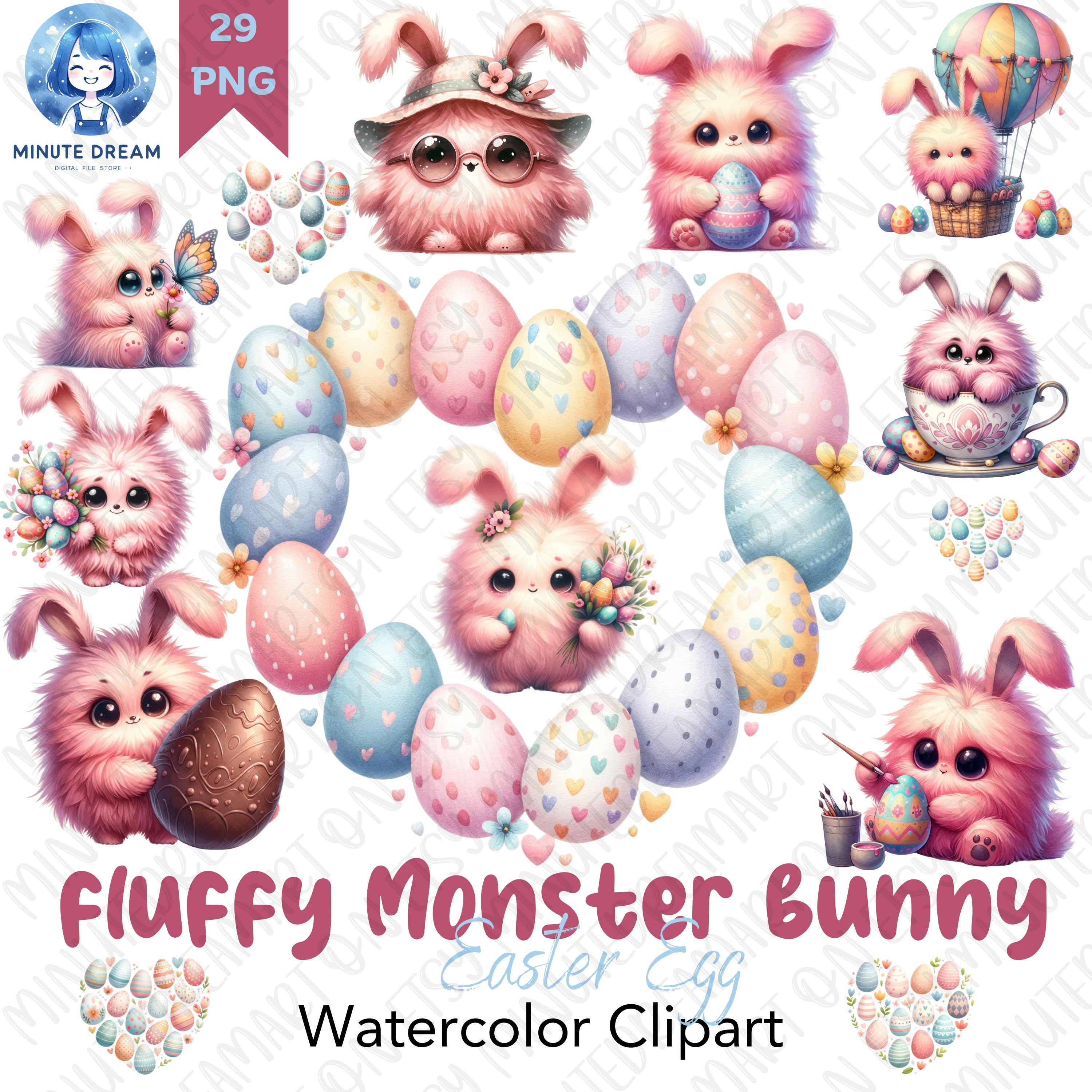 Watercolor Monster Bunny Clipart, Cute Fluffy Bunny Easter Egg Png ...