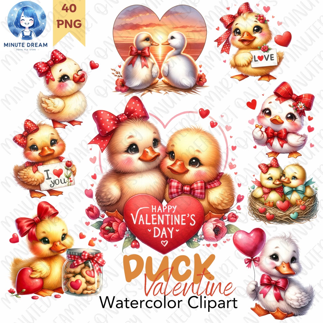 Cute Baby Duck Valentine Clipart, Valentine's Day, Watercolor ...