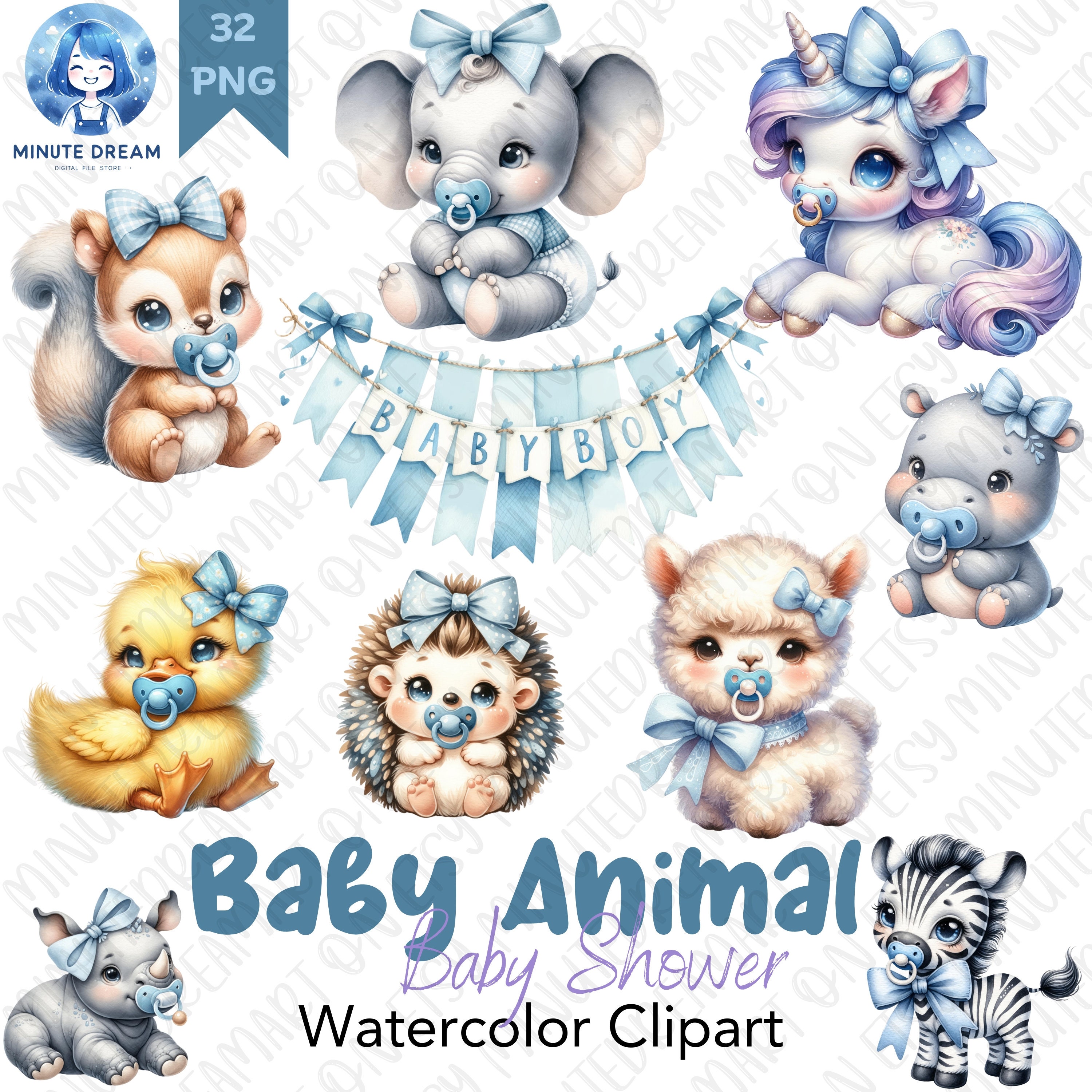 Cute Baby Animal Clipart, With Blue Bow, Gift for Boy's Baby Shower ...