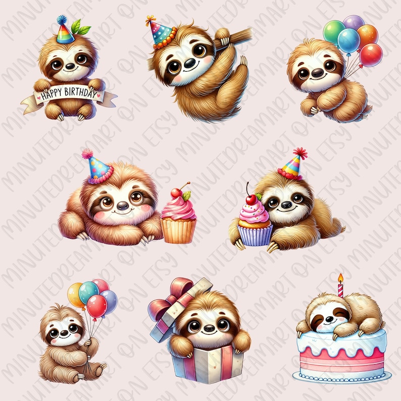 Cute Sloth Clipart, Funny Birthday Clipart, Gift for Kid , Watercolor ...