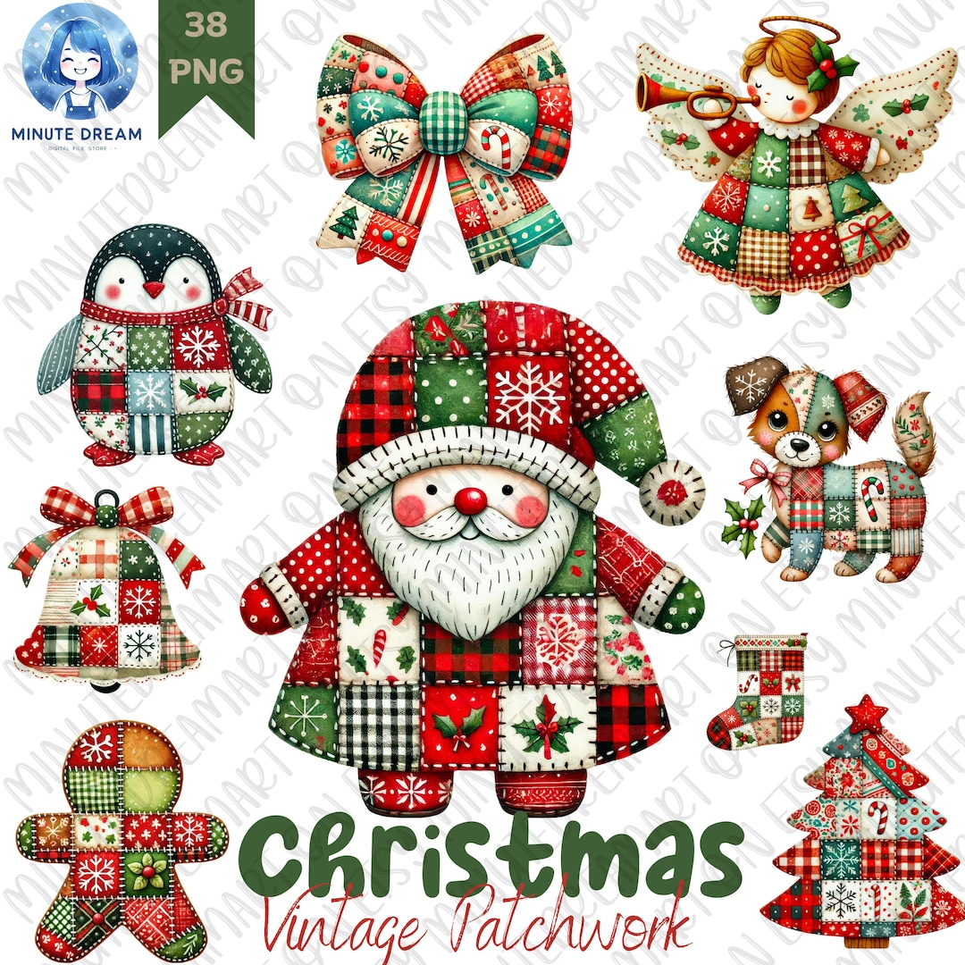 Patchwork Christmas Clipart: Watercolor Holiday PNG (digital Download ...