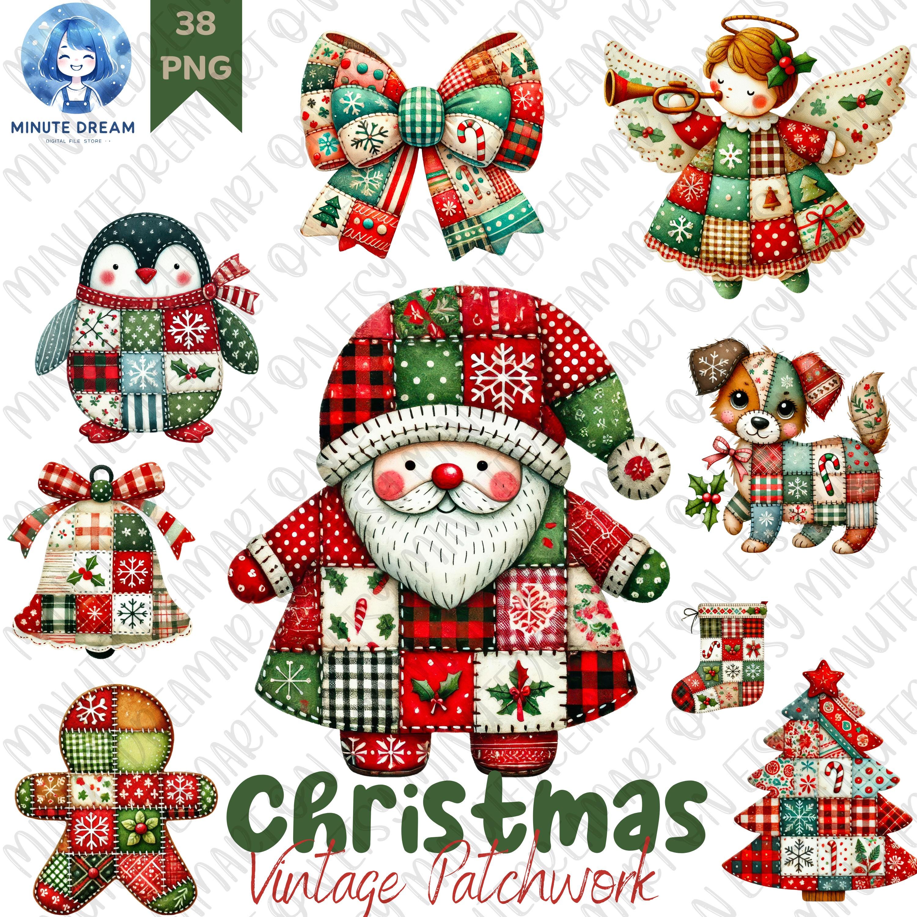 Patchwork Christmas Clipart: Watercolor Holiday PNG (digital Download ...