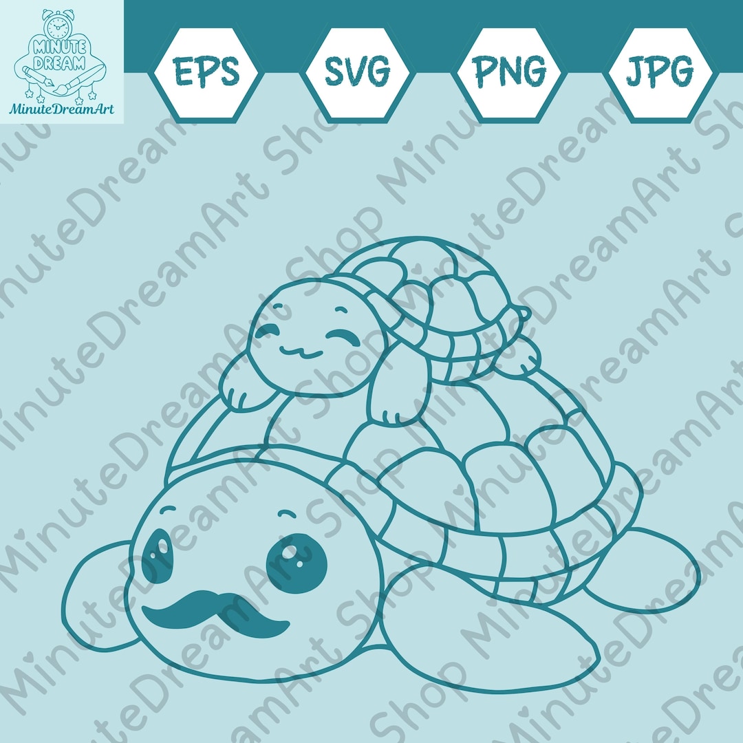 Cute Baby Turtle on Dad’s Shell SVG, Kawaii Turtle Line Art, Baby ...
