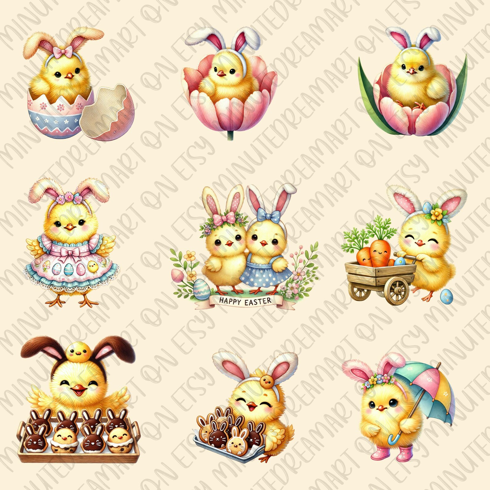Easter Chick Bunny Clipart: Kawaii Spring PNG, Watercolor Sublimation ...