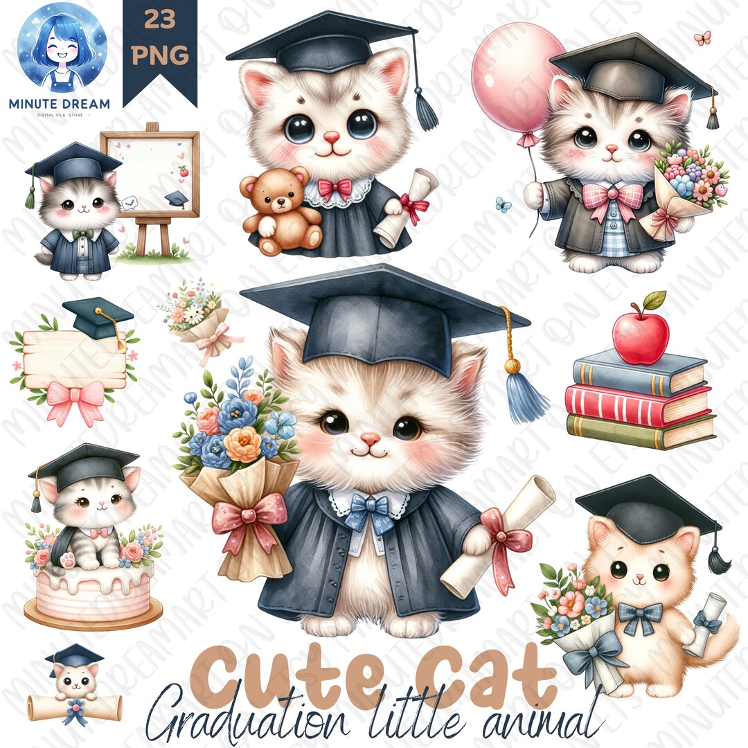 Cute Graduation Cat Clipart, Academic Celebration, Watercolor ...