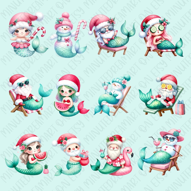 Santa Mermaid Clipart, Christmas in July PNG, Watercolor Sublimation ...