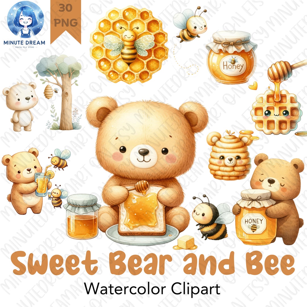 Watercolor Bear and Bee Clipart, Cute Teddy Bear Png, Digital Printing ...