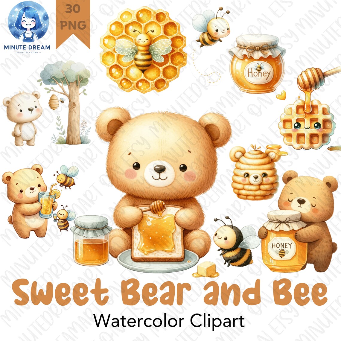 Watercolor Bear and Bee Clipart, Cute Teddy Bear Png, Digital Printing ...