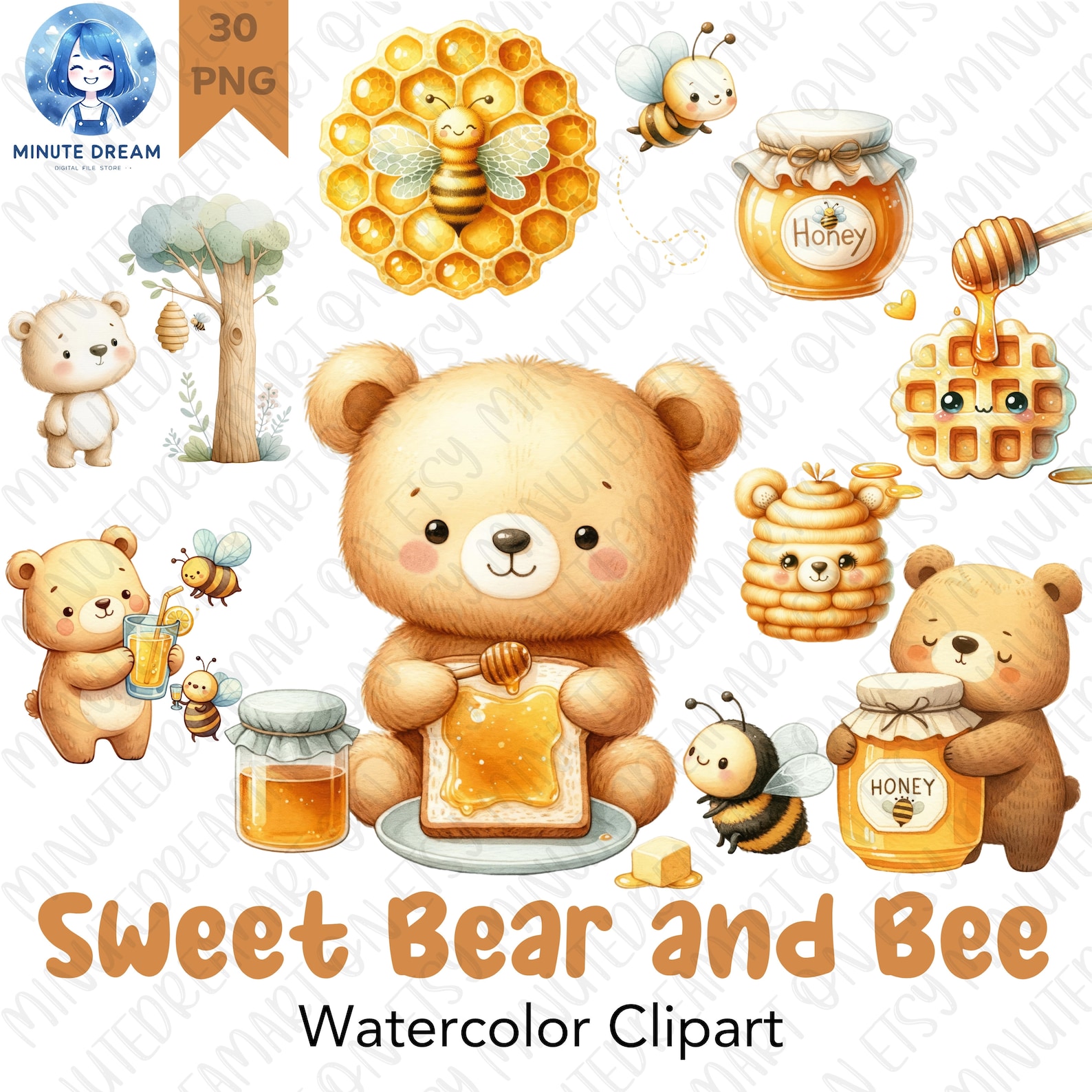 Watercolor Bear and Bee Clipart, Cute Teddy Bear Png, Digital Printing ...