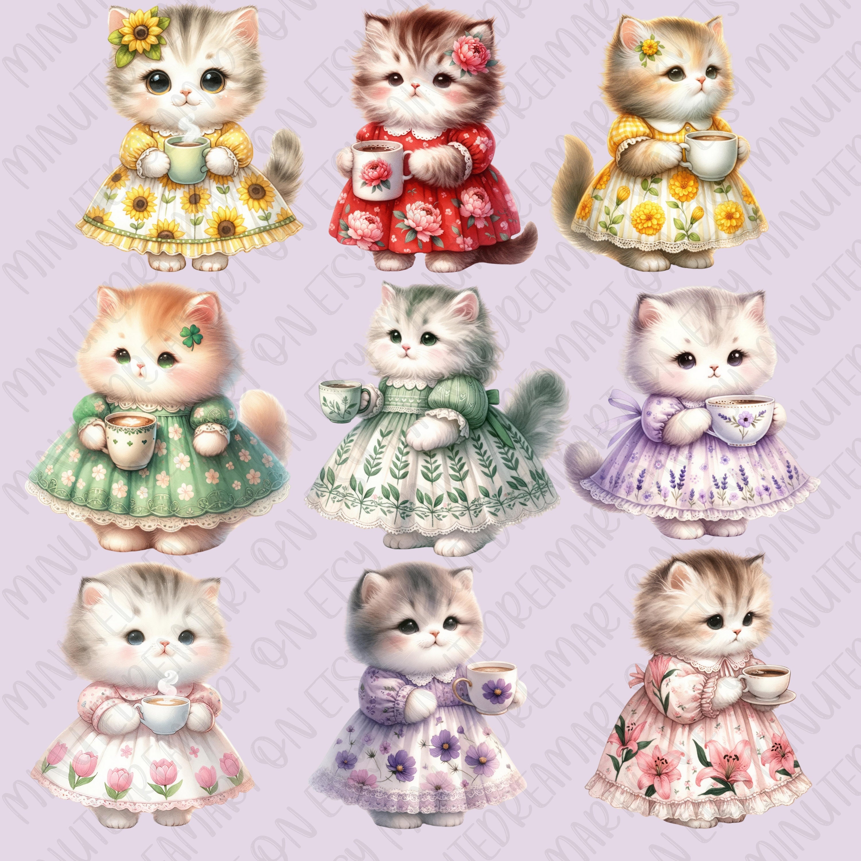 Cute Kitten Clipart, Chubby Cat in Flower Dress, Watercolor Sublimation ...