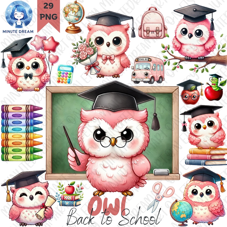 Cute Owl Clipart, Back to School Clipart, Cute Pink Graduation Owl ...