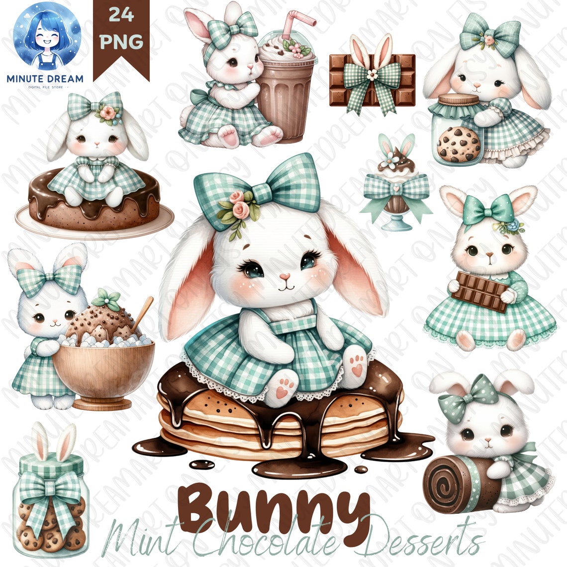 Mint Chocolate Bunny Clipart, Cute Rabbit With Desserts, Watercolor ...