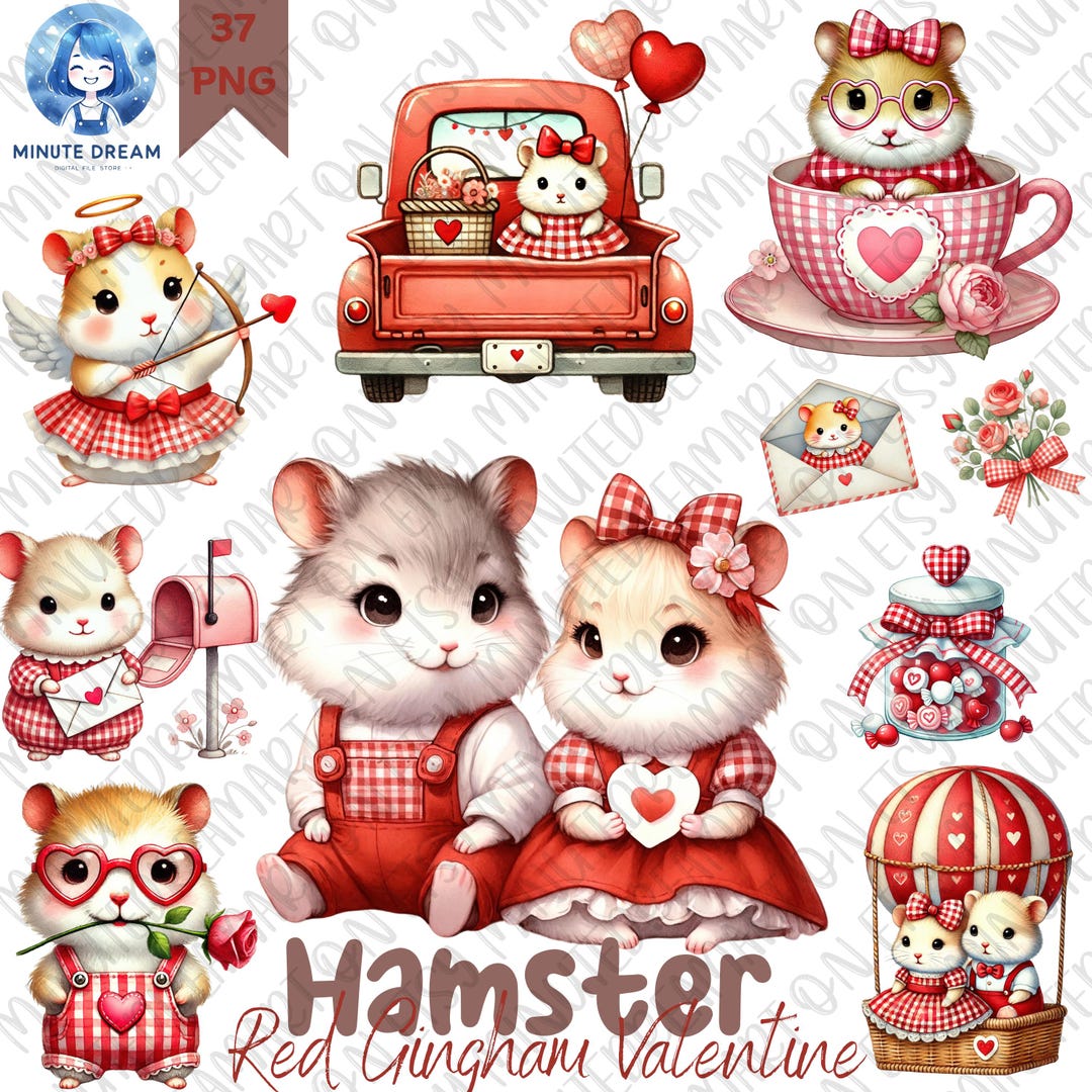 Hamster Valentine Clipart: Red Gingham Watercolor (PNG) - Etsy