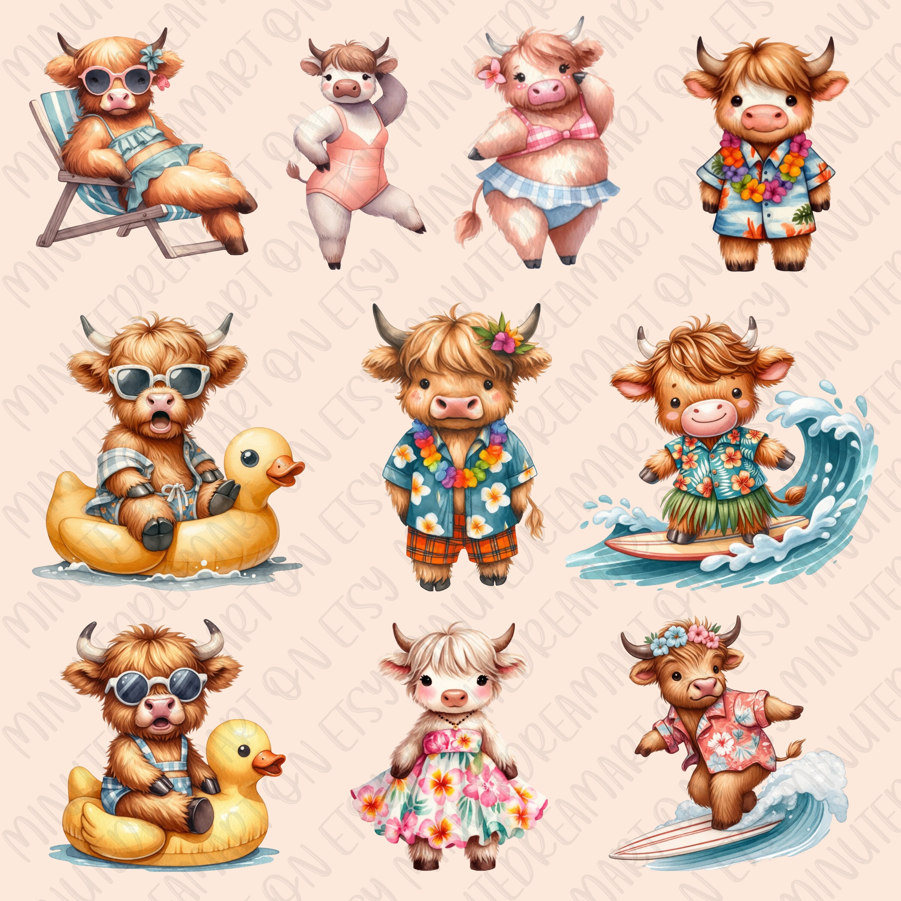 Funny Highland Cow Clipart, Hawaiian Summer Season, Watercolor ...