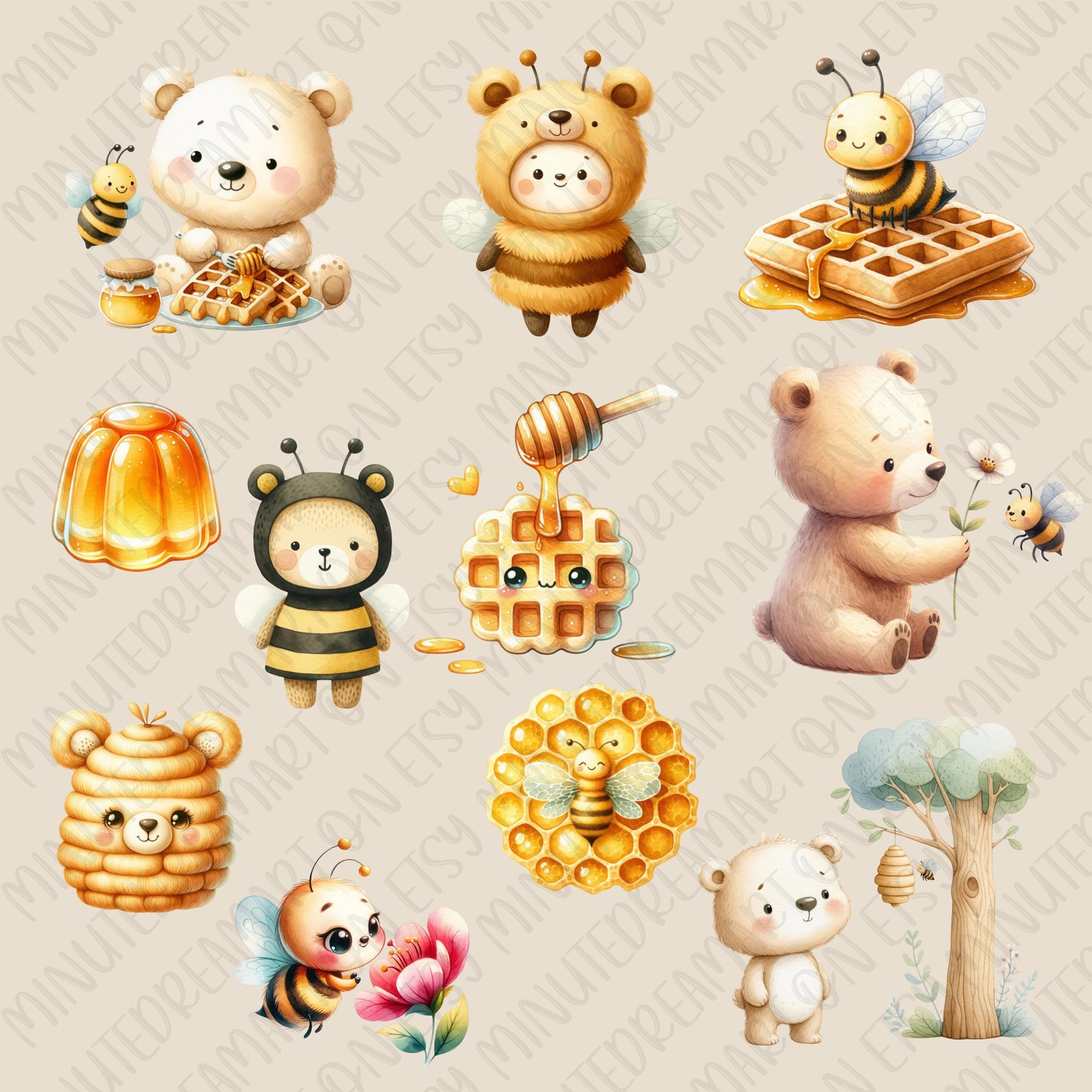 Watercolor Bear and Bee Clipart, Cute Teddy Bear Png, Digital Printing ...