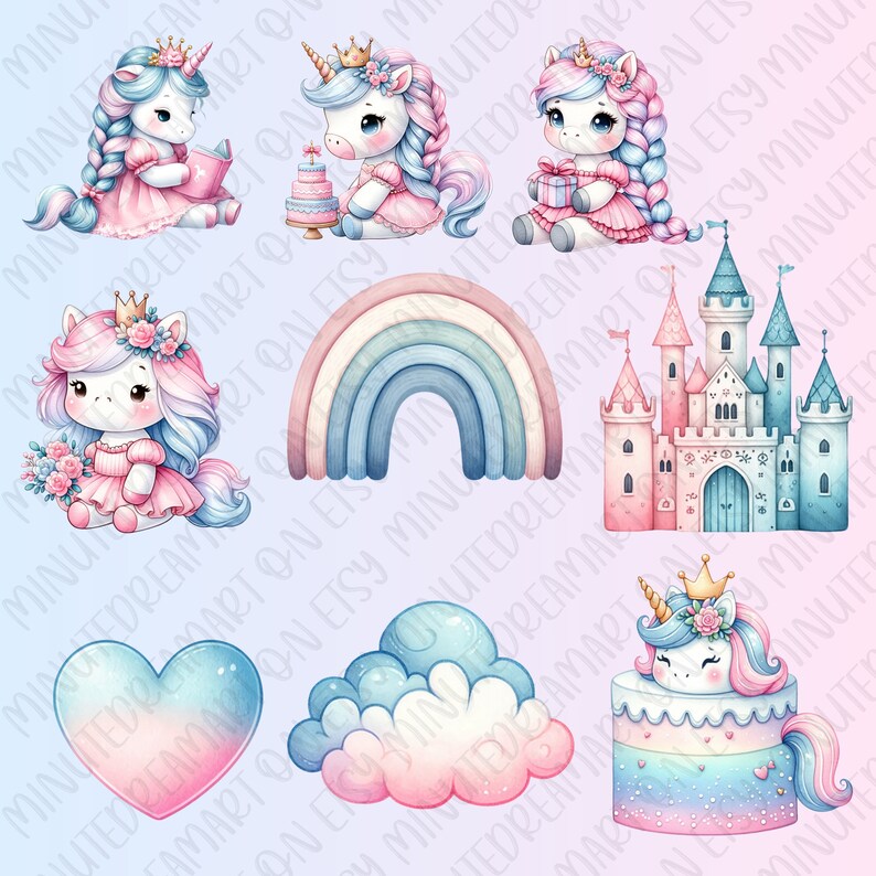 Cute Unicorn Clipart, Pastal Princess Png, Watercolor Sublimation, Gift ...