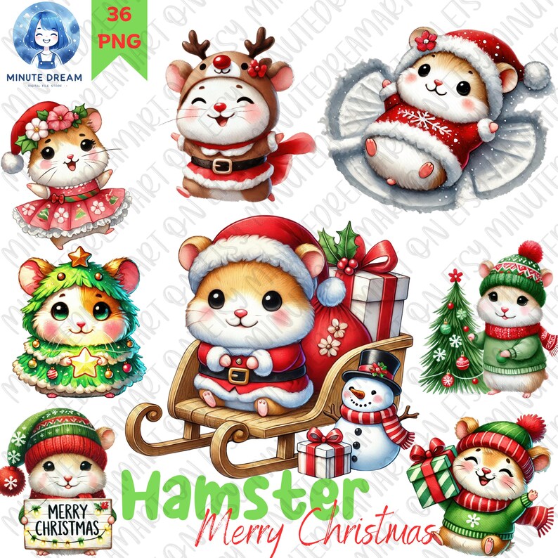 Cute Hamster Clipart, Santa Animal Png, Merry Christmas Png, Gift for ...