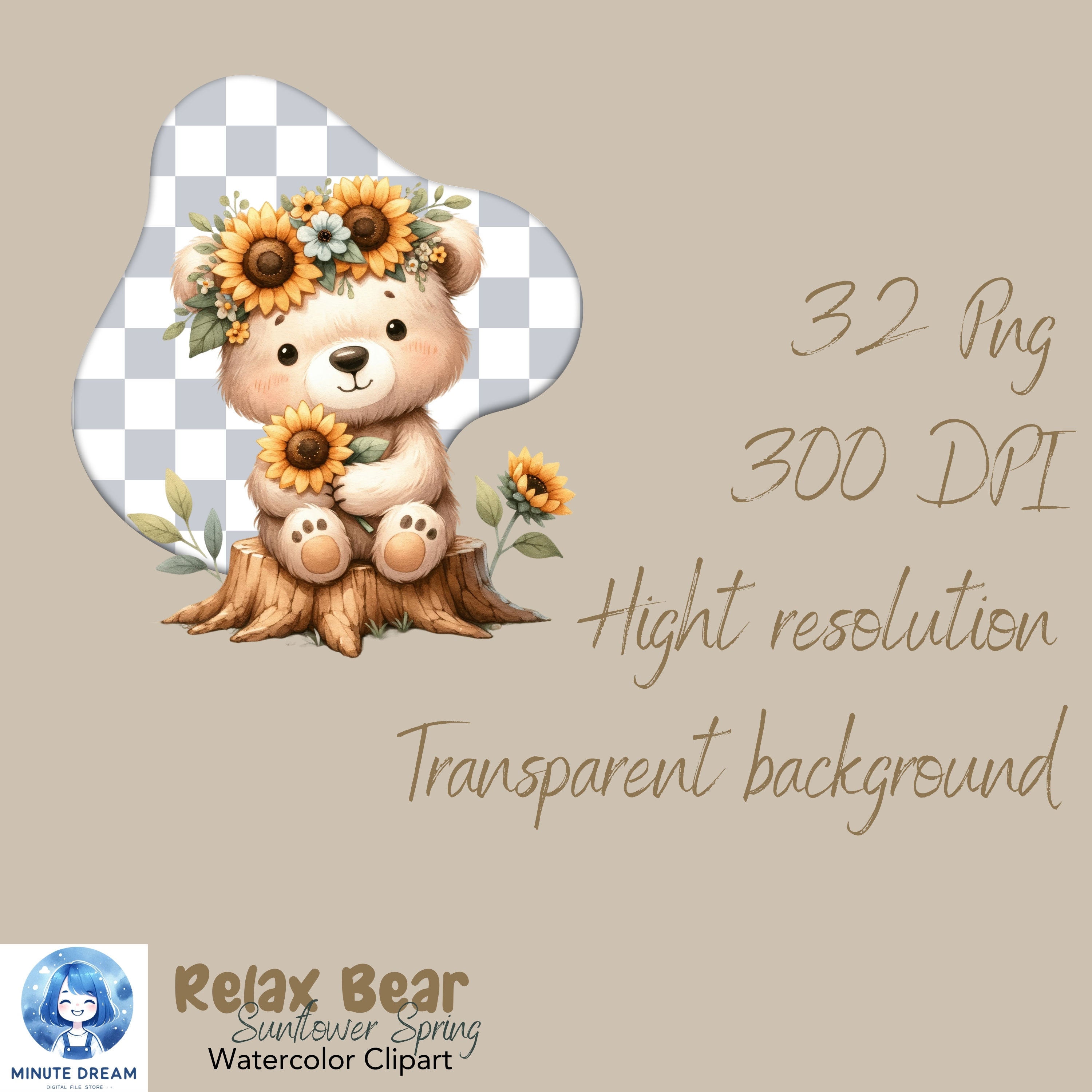 Cute Bear Clipart, Relax Bear, Gift for KID, Watercolor Sublimation ...