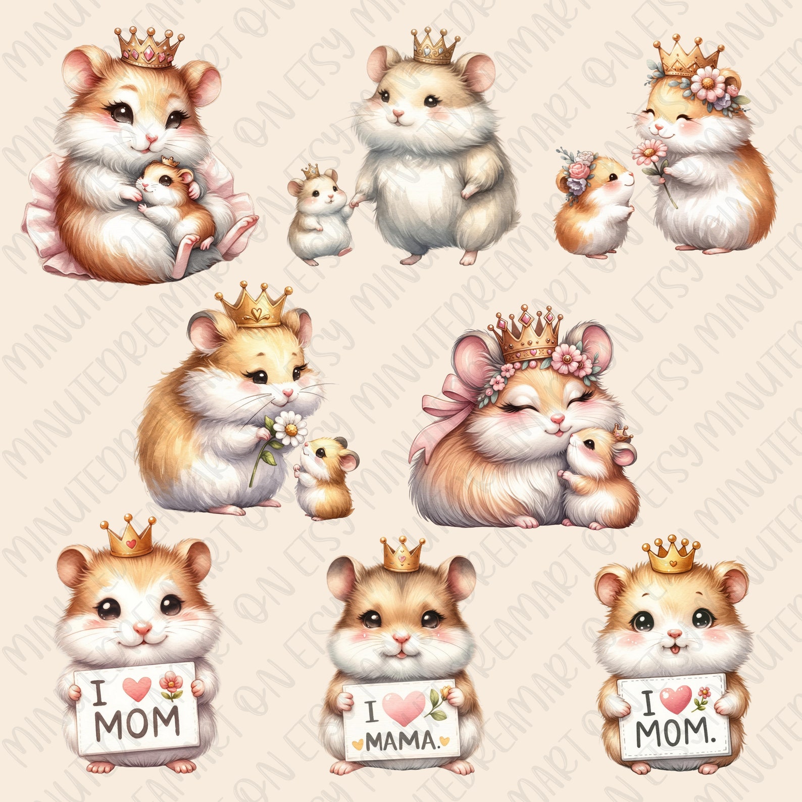 Queen Hamster Clipart: Mama and Baby Watercolor PNG (digital Download ...