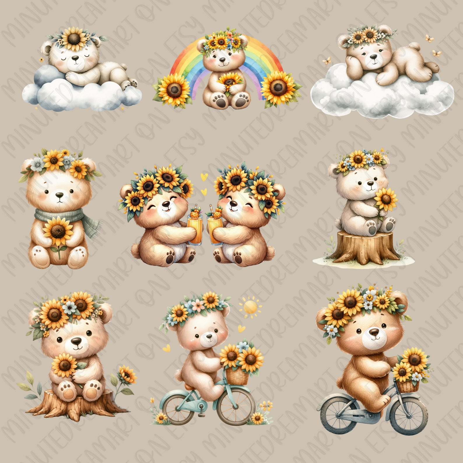 Cute Bear Clipart, Relax Bear, Gift for KID, Watercolor Sublimation ...