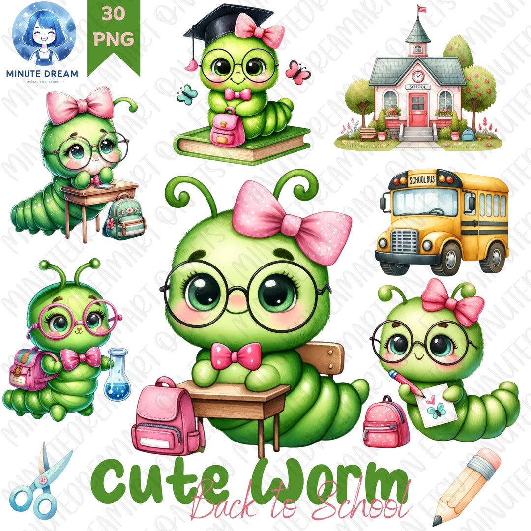 Cute Worm Clipart, With Pink Bow, Back to School Png, Watercolor ...
